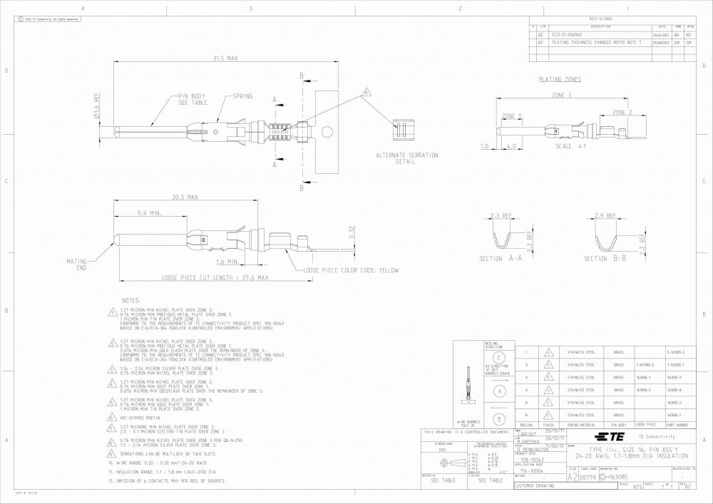 TE Connectivity 163085-1 controlled drawing preview