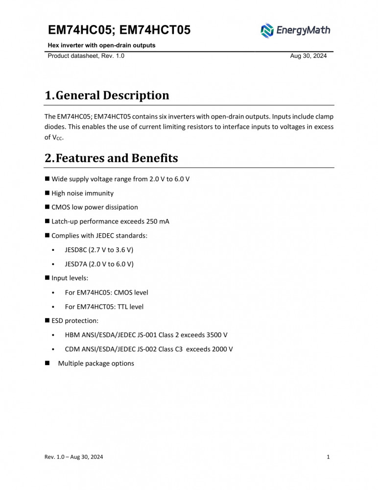 EM74HCT05PW datasheet page 1