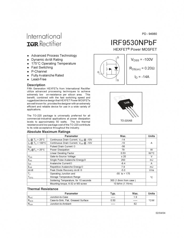 IRF9530NPBF datasheet page 1