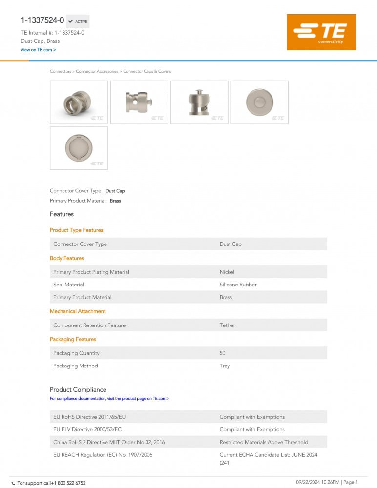 TE Connectivity 1-1337524-0 product document page 1