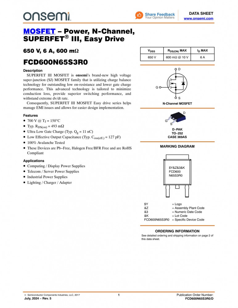 FCD600N65S3R0 technical document, page image 1