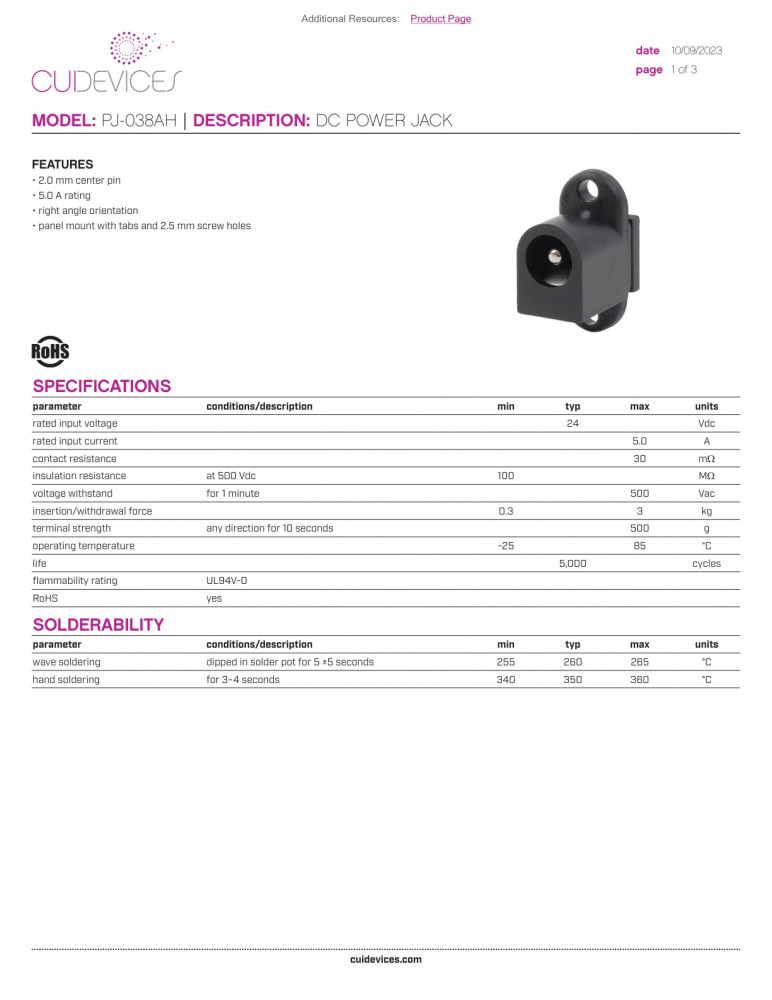 PJ-038AH technical document page 1