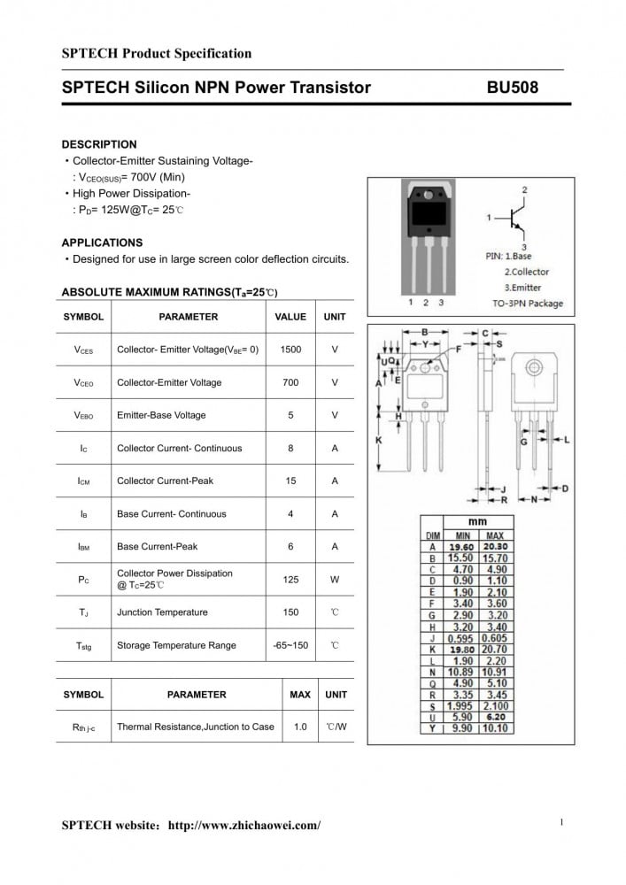 BU508 SPTECH datasheet page 1