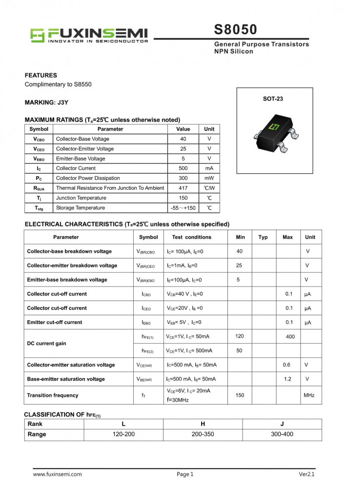 S8050 datasheet page 1