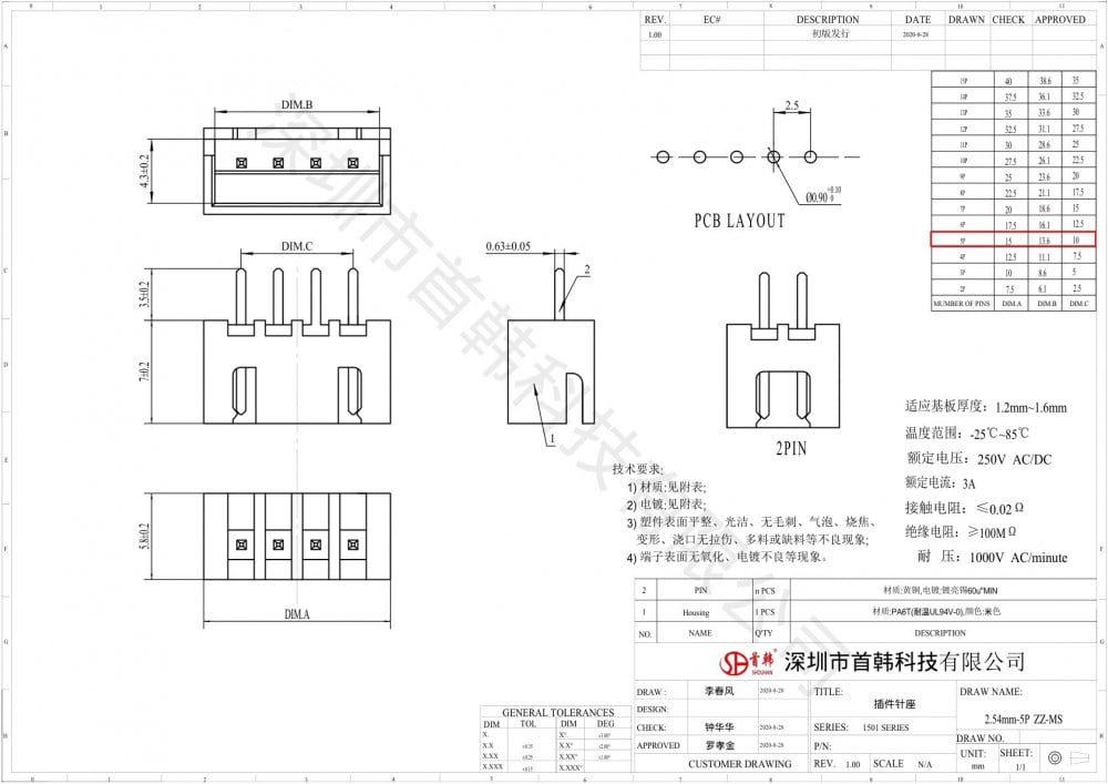 2.54mm-5P ZZ-MS technical document page 1