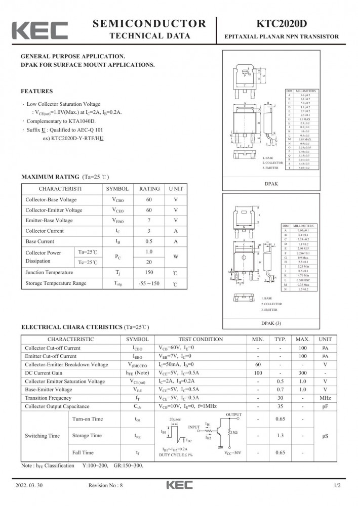 KTC2020D-Y-RTF/PQ datasheet page 1