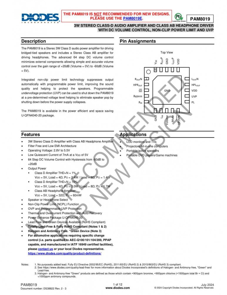 PAM8019KGR datasheet page 1