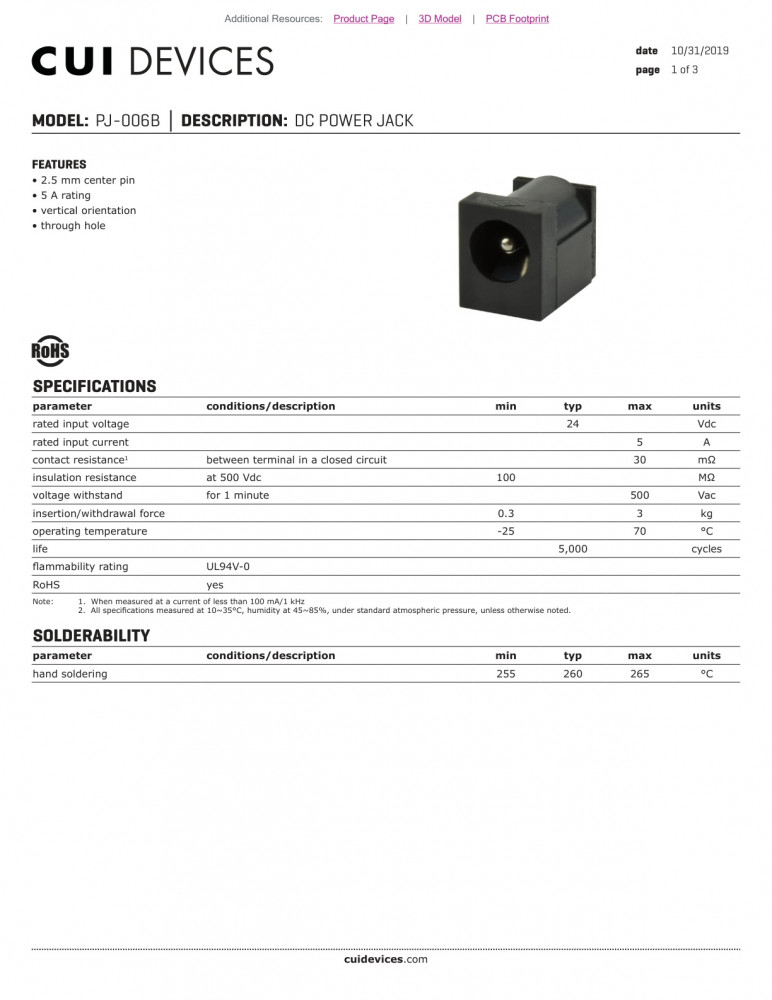 CUI PJ-006B datasheet page 1