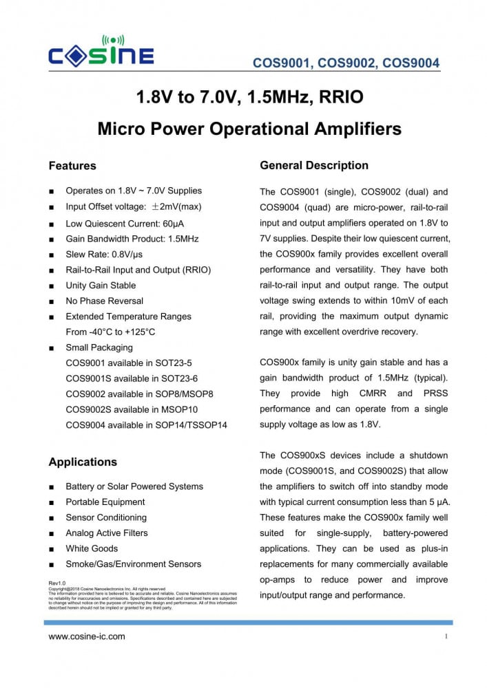 COS9002S datasheet page 1