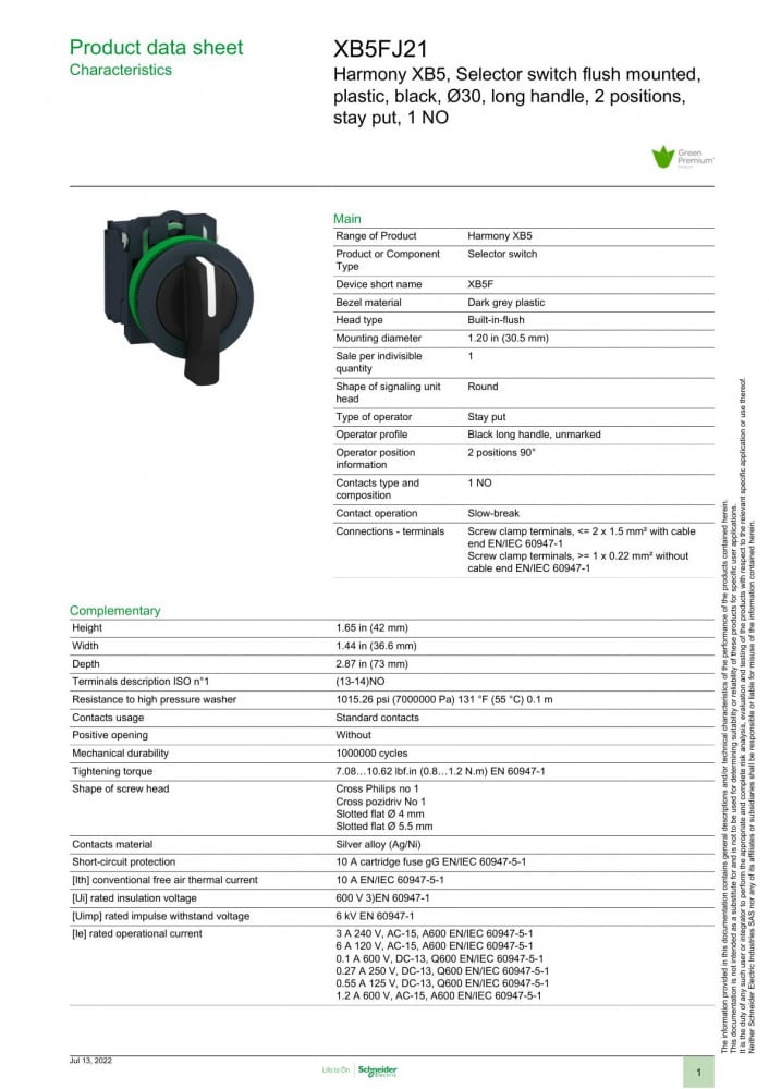 XB5FJ21 technical document page 1