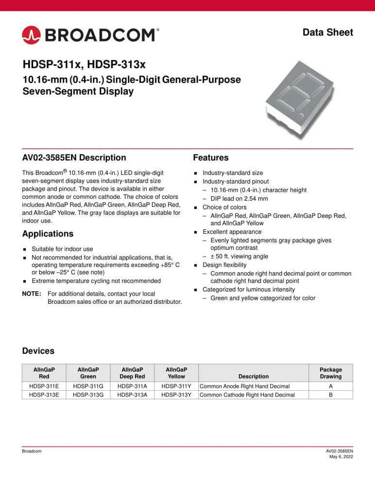 HDSP-311x and HDSP-313x datasheet page 1