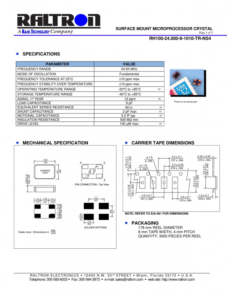 Raltron RH100-24.000-9-1010-TR-NS4 technical document page 1