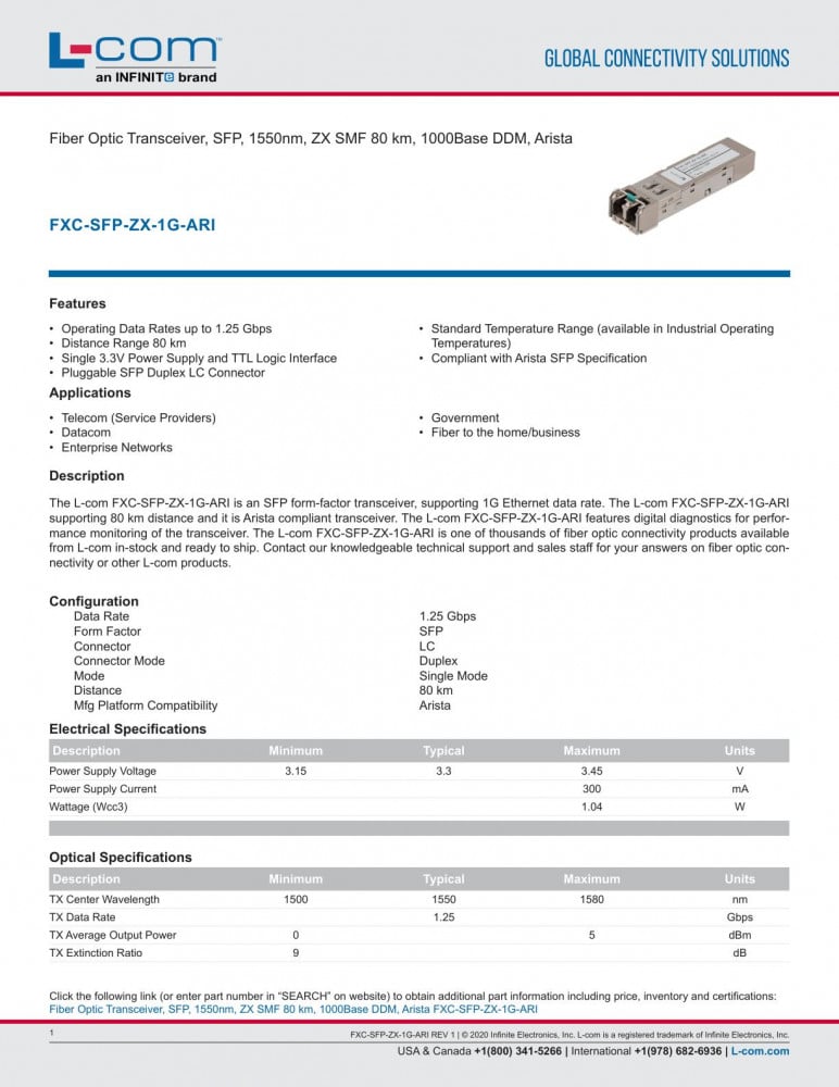 FXC-SFP-ZX-1G-ARI datasheet page 1