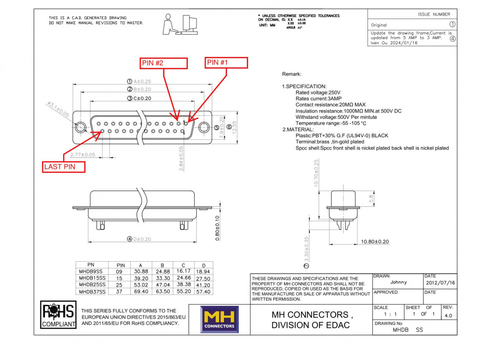 MHDB15SS connector drawing and specifications