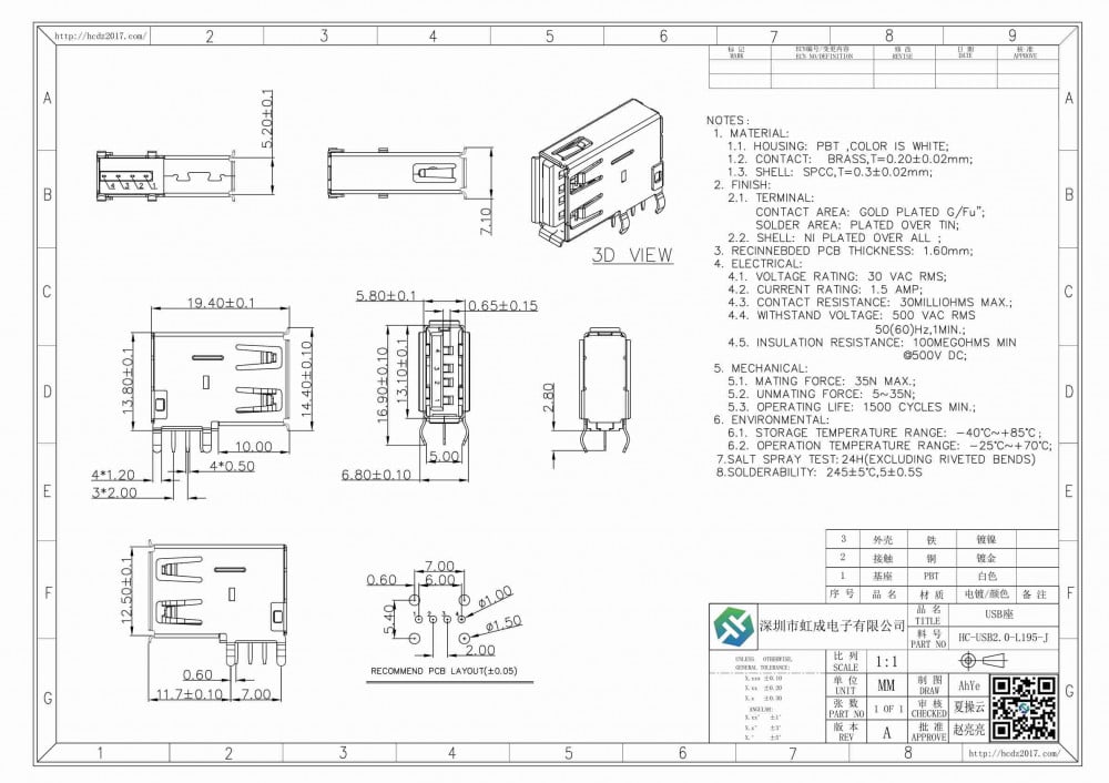 HC-USB2.0-L195-J technical document page