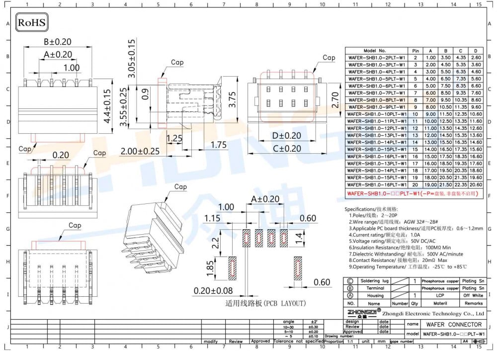 Zhongdi WAFER-SHB1.0 connector technical drawing