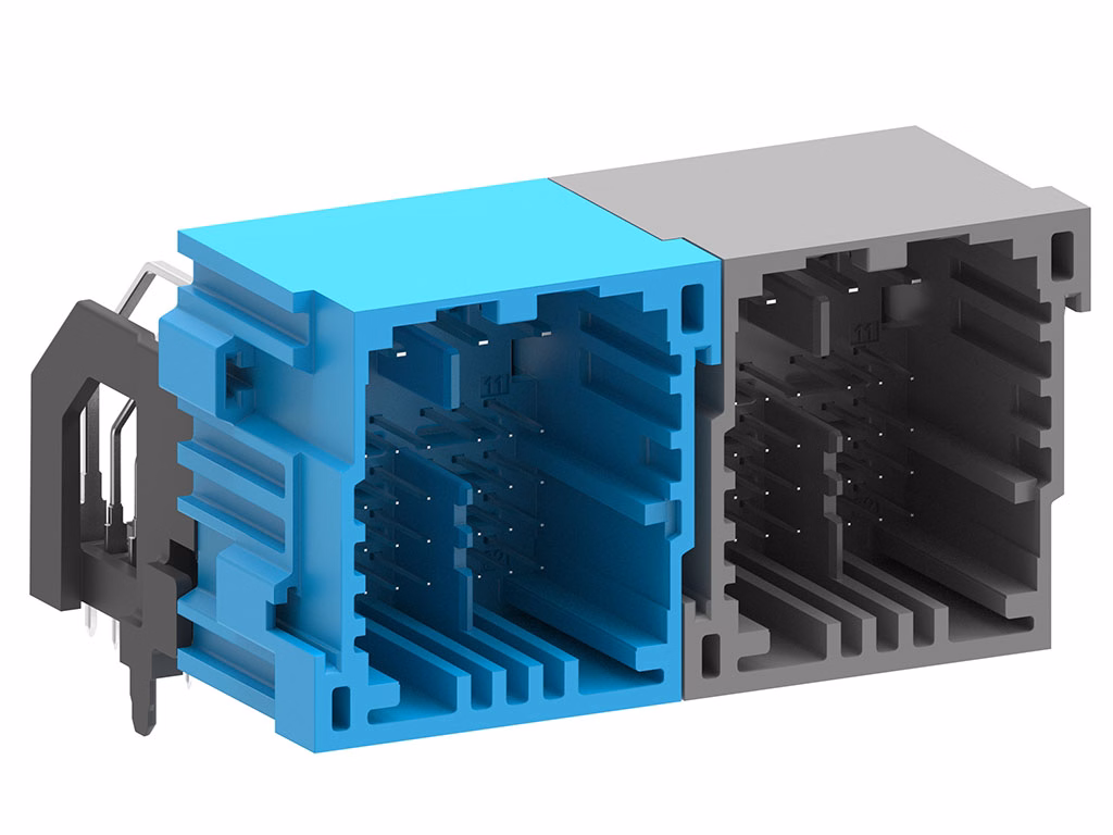 stAK50h 2 Bay Right-Angle Hybrid Header, 64 Circuits, Bay 1: 32 Circuits/Key 3/Dark Gray; Bay 2: 32 Circuits/Key 4/Purple; Tray