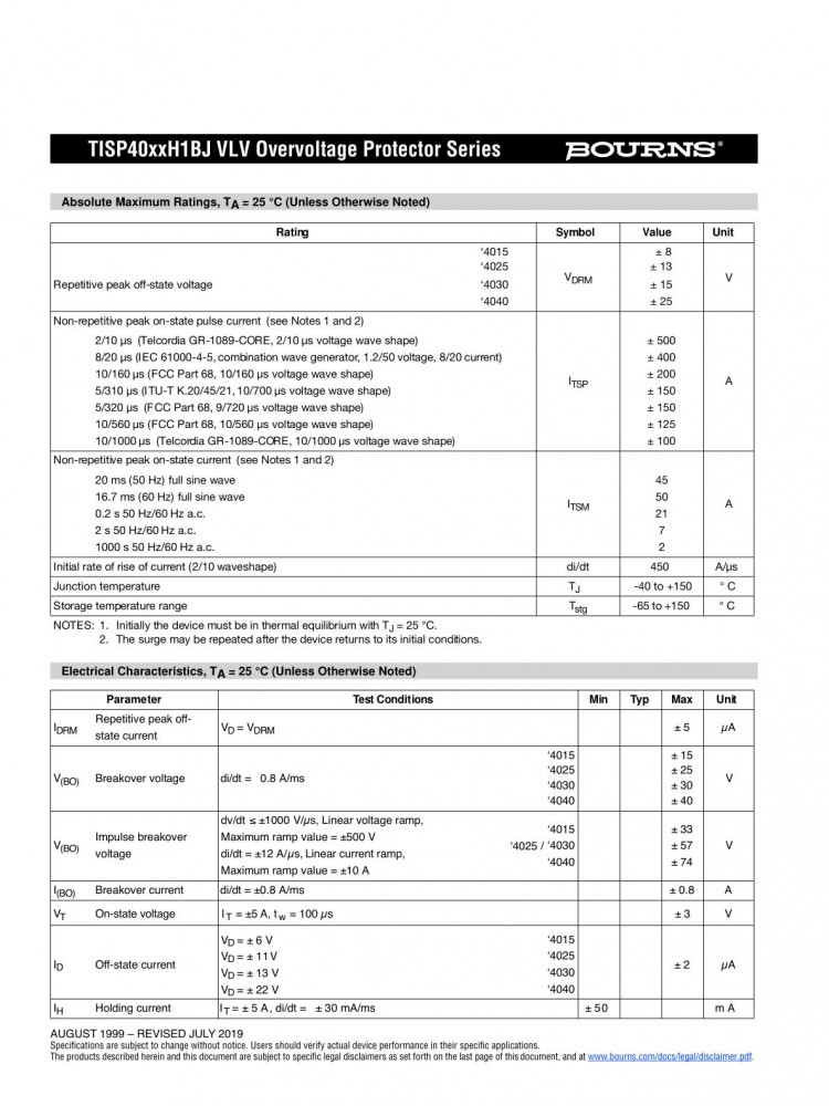 TISP40xxH1BJ datasheet page 2
