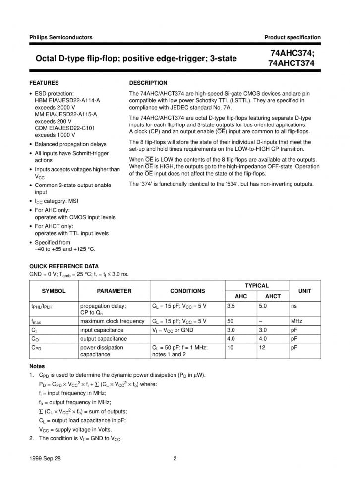 74AHCT374PW datasheet page 2