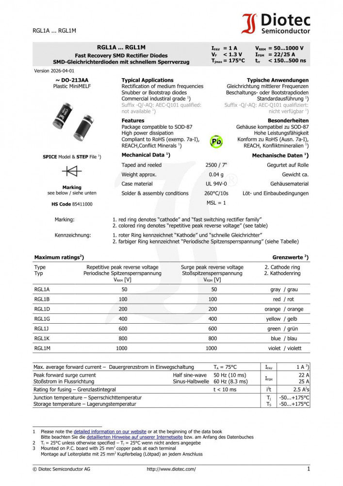 DIOTEC RGL1 series datasheet page 1