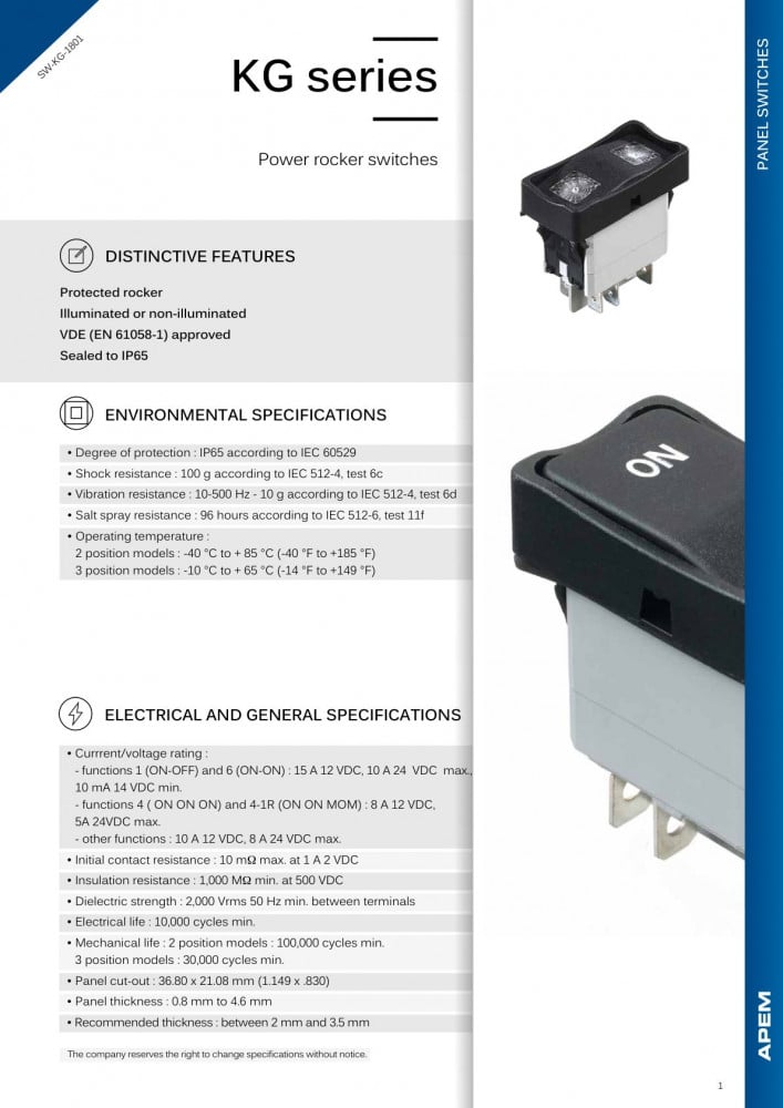 APEM KG series datasheet page 1