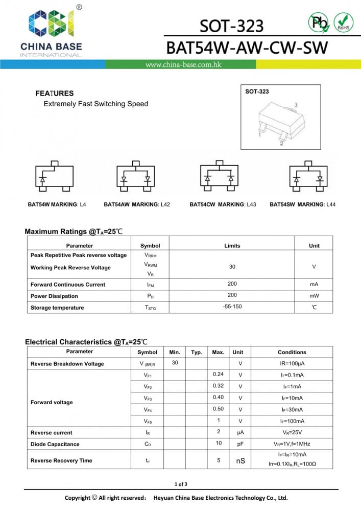 BAT54W L4 datasheet page 1