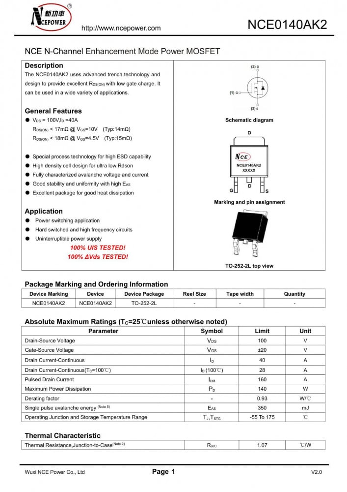NCE0140AK2 datasheet page 1