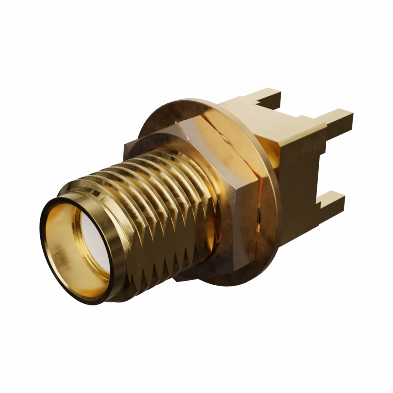 SMA Jack, Straight, Bulkhead Receptacle, Through Hole, Brass Body, Gold (Au) Plated, Jam Nut and Lockwasher Included, Tray, 50 Ohms for sale