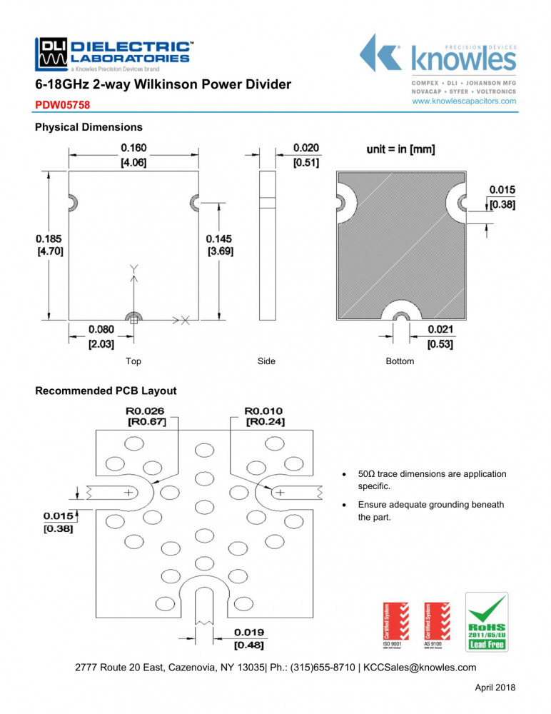 PDW05758 physical dimensions and recommended PCB layout