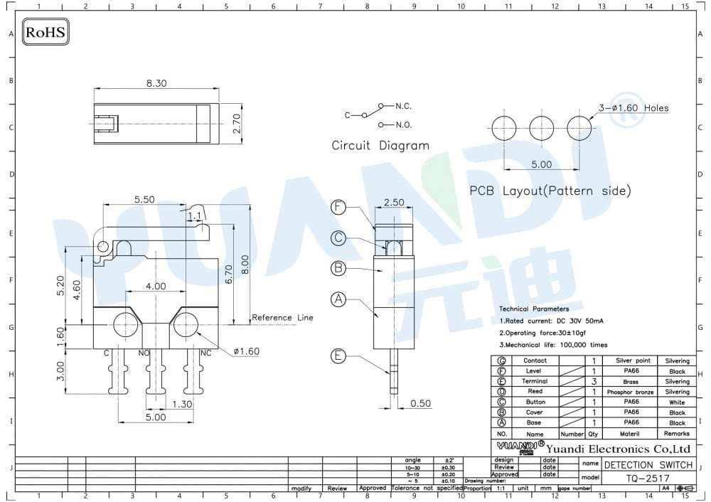 YUANDI TQ-2517 technical drawing and component list