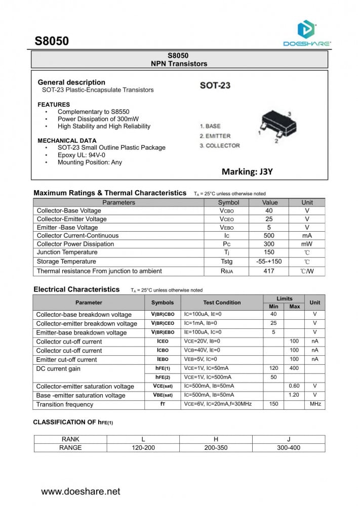 S8050 datasheet page 1