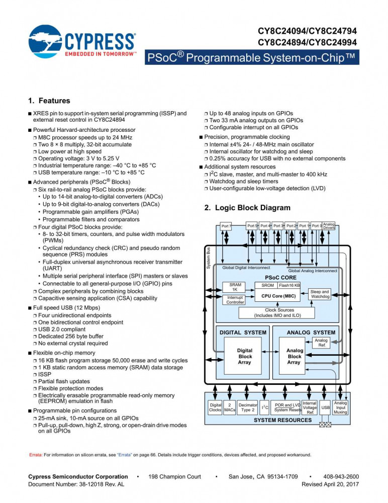 CY8C24794 datasheet page 1