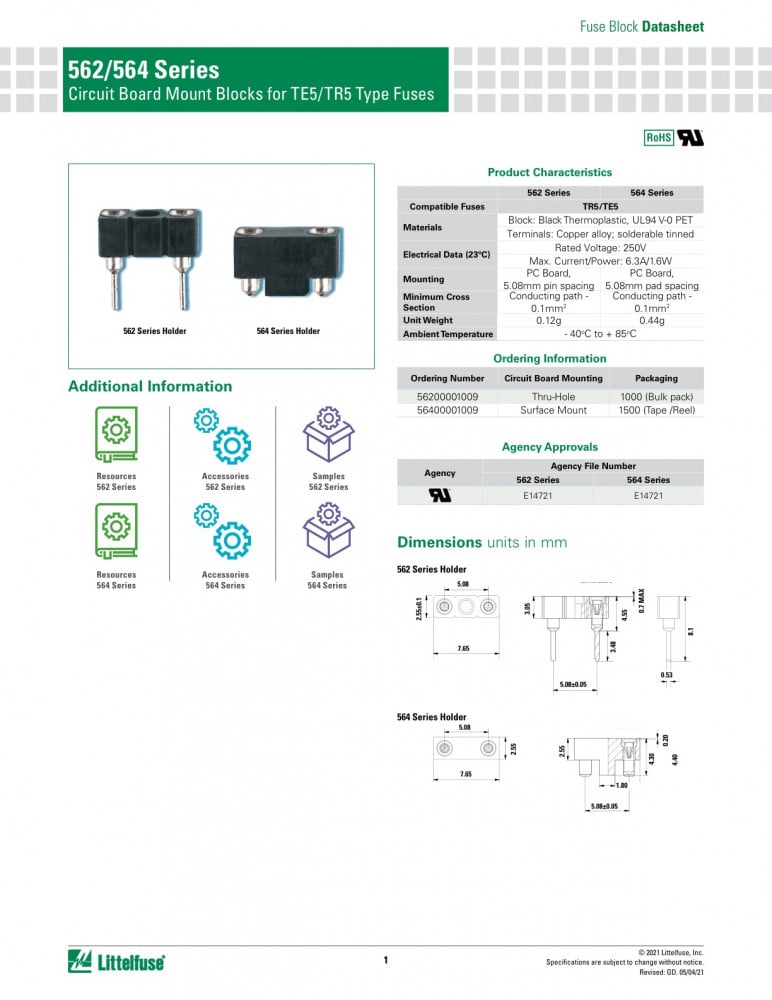 Littelfuse 562 and 564 Series holder documentation page 1