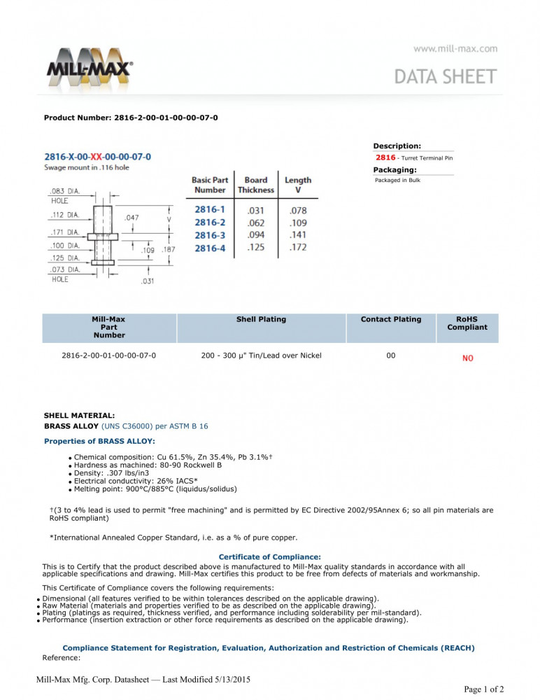 Mill-Max 2816 series technical document page 1