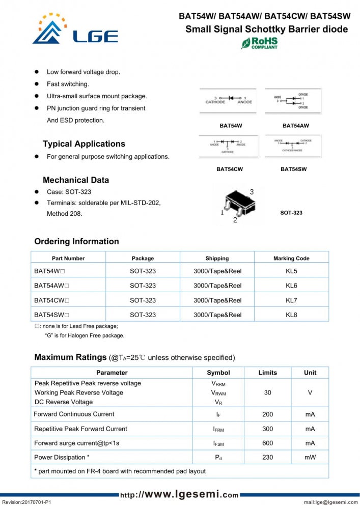 BAT54SW datasheet page 1
