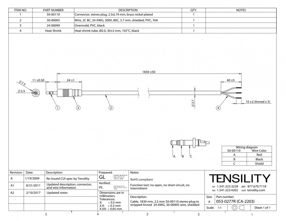 Tensility 053-0277R cable assembly technical drawing