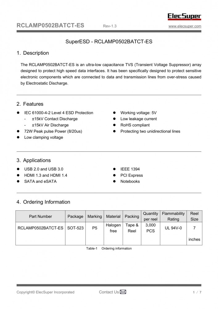 RCLAMP0502BATCT-ES datasheet page 1