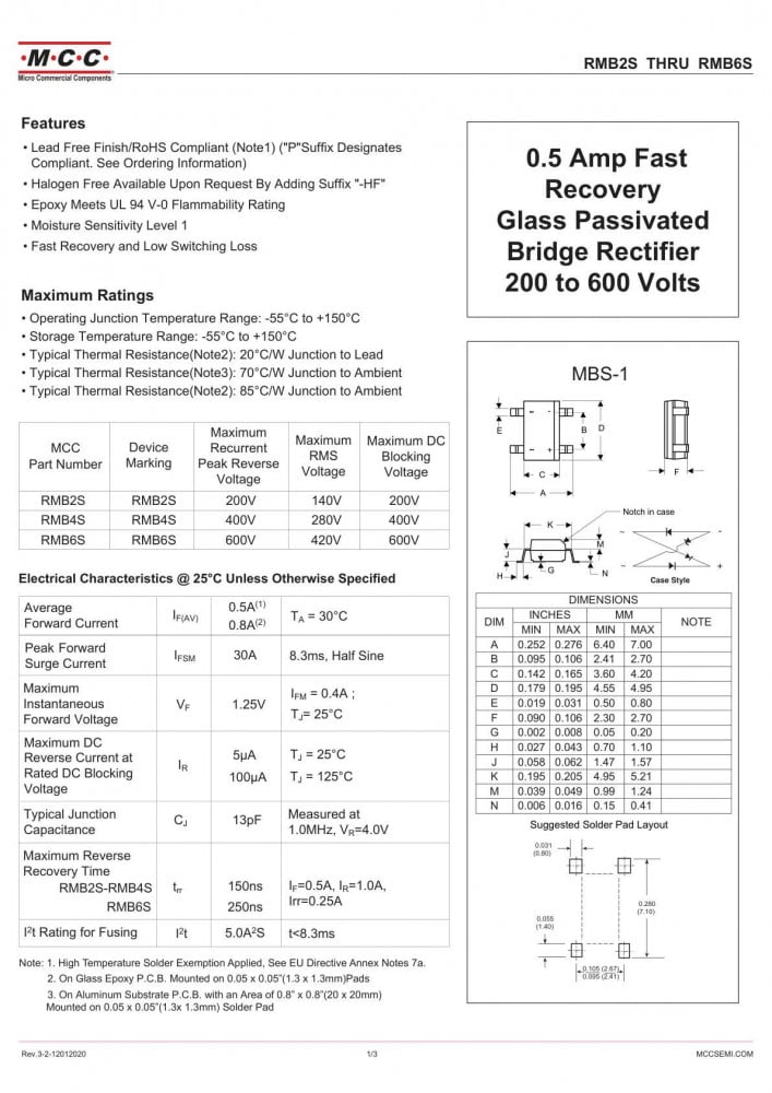 MCC RMB6S datasheet page 1