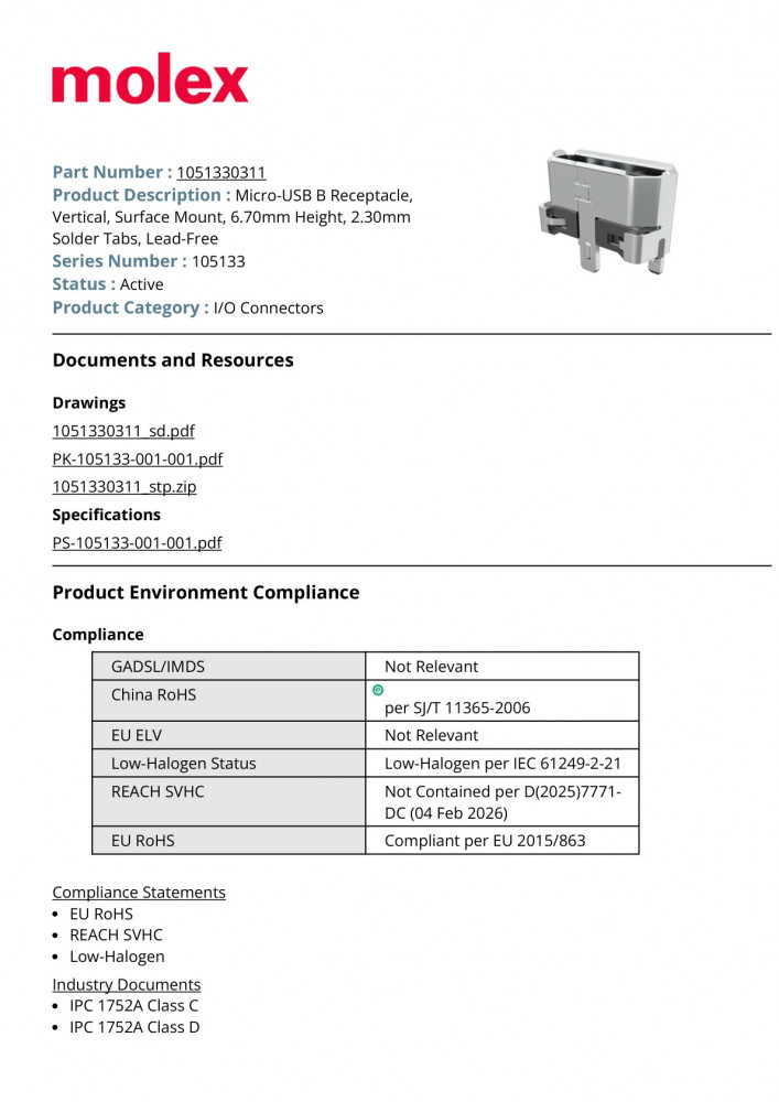 Molex Micro-USB connector specification, page image 1