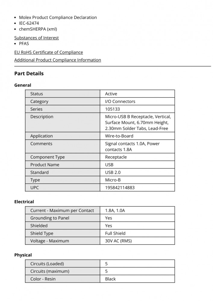 Molex Micro-USB connector specification, page image 2