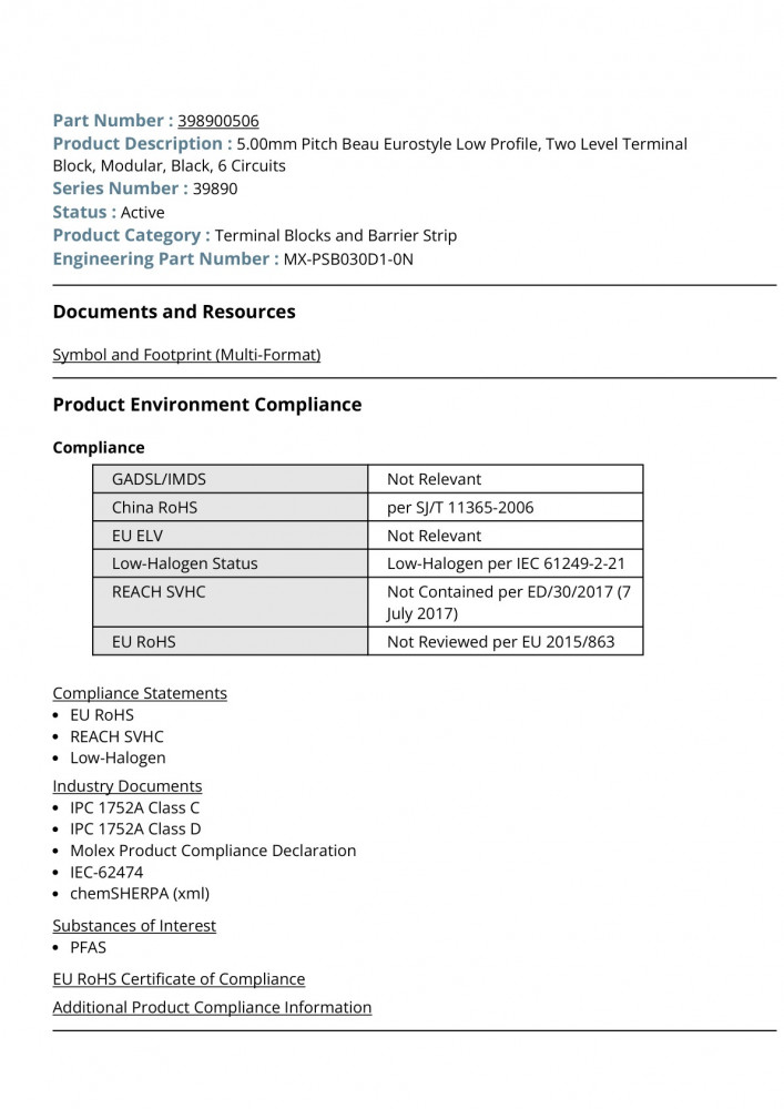 MOLEX 398900506 document image, page 1