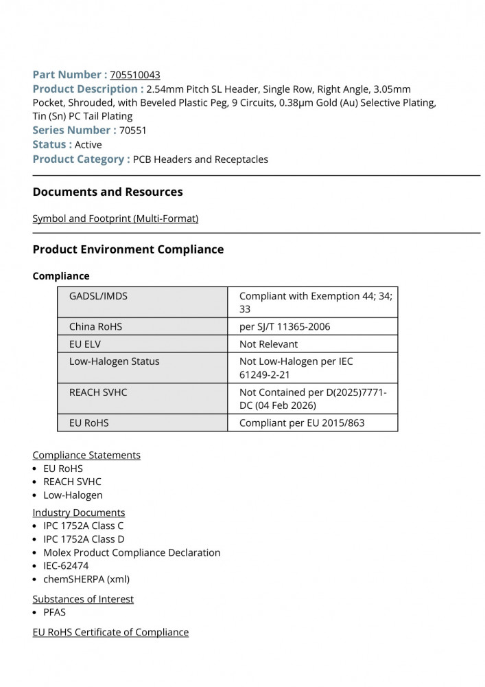 MOLEX 705510043 technical document page 1