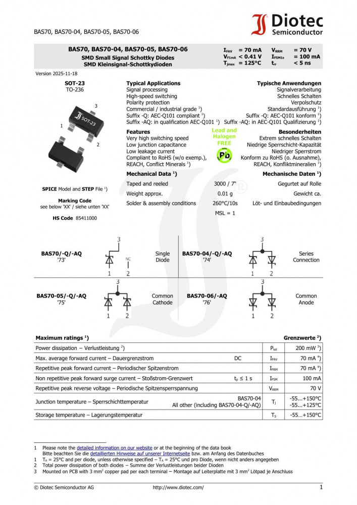 DIOTEC BAS70 family datasheet page image 1
