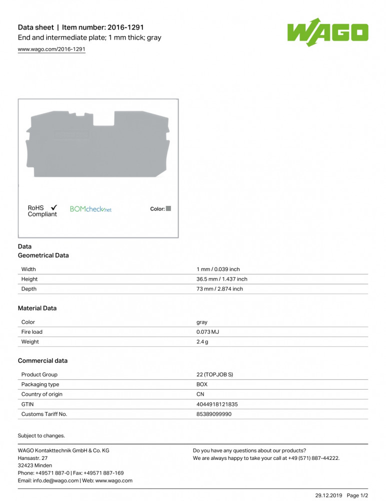 Technical documentation image 1 for model 2016-1291