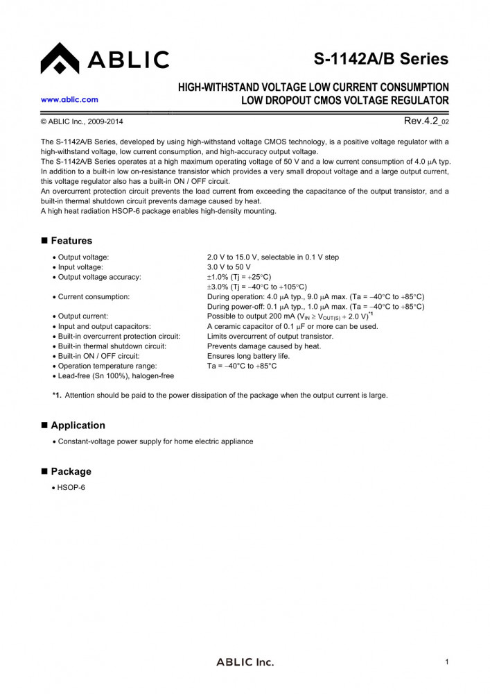 S-1142A/B datasheet page 1