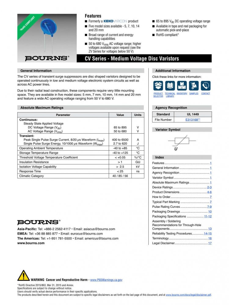 BOURNS CV Series datasheet page 1