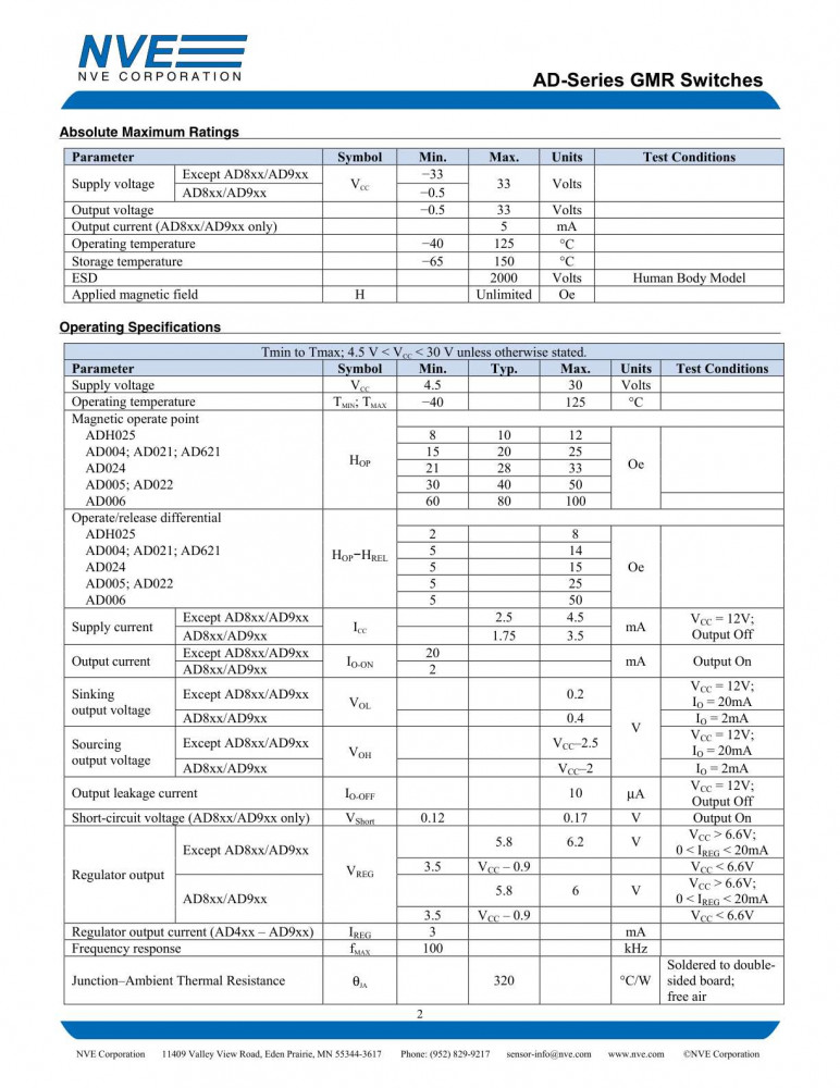AD-Series GMR Switch datasheet, page 2