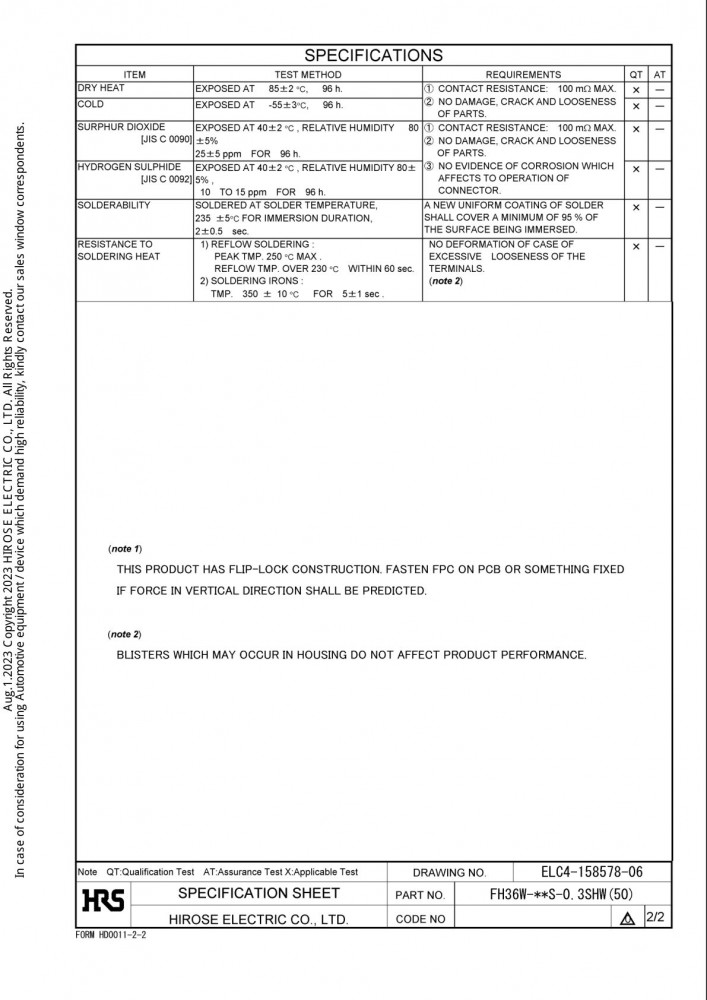 HRS FH36W specification sheet page 2