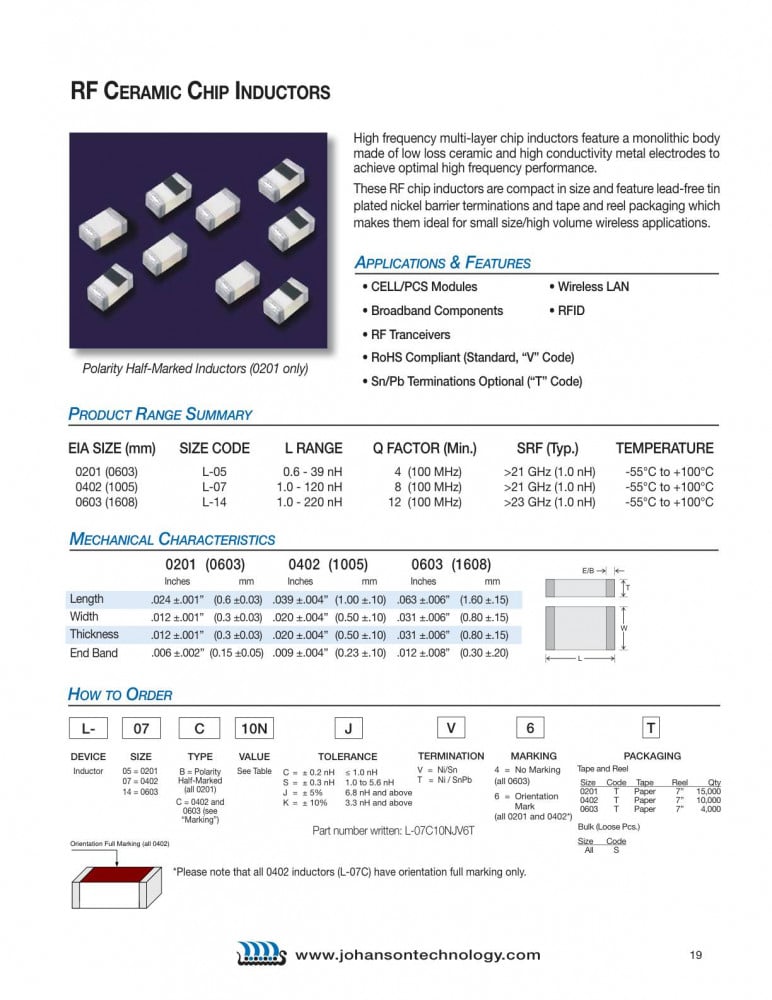 Johanson Dielectrics RF ceramic chip inductor documentation page 1
