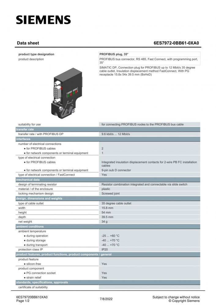 SIEMENS PROFIBUS connector datasheet page 1